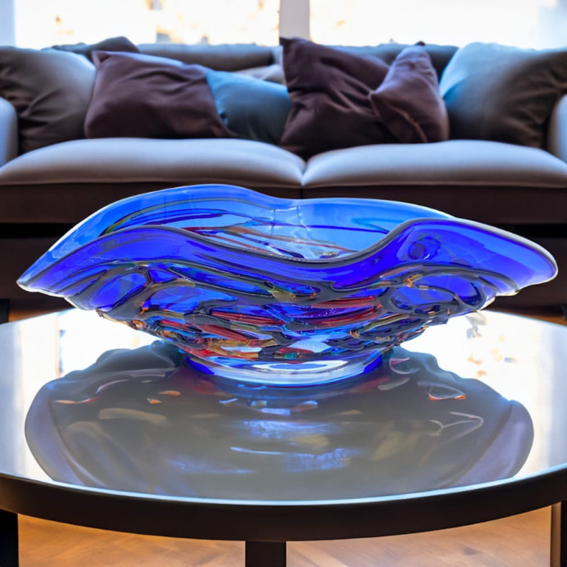 Unique Murano Glass Bowl with Blue Shades and Multicolored Filaments