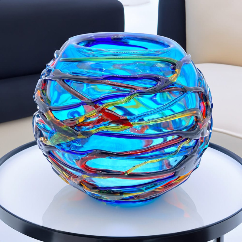 Azure Murano Glass Spherical Vase - Venetian Craftsmanship Excellence