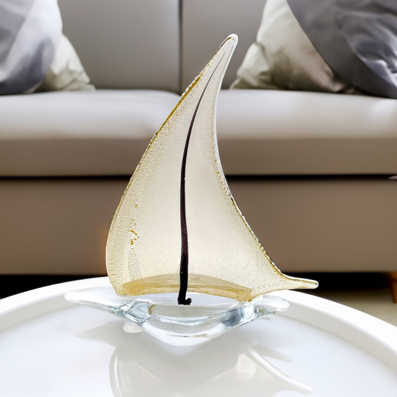 Gold Crystal Sailboat in Murano Glass | Handcrafted Glass Sculpture